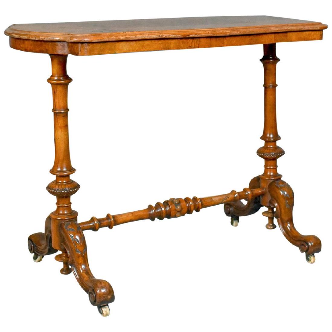 Antique Stretcher Table, Burr Walnut, English,