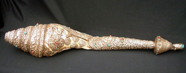 Antique Tibetan Conch Shell Trumpet With Silver