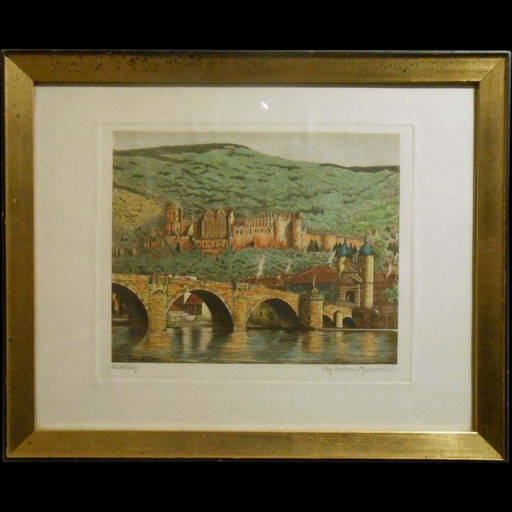 Hand Colored German Etching Of Heidelberg