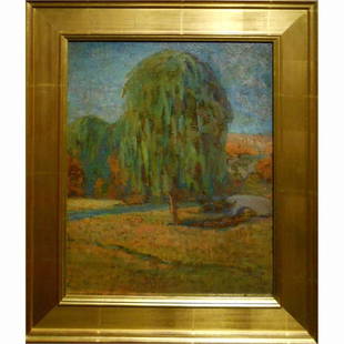 Antique American Impressionist Willow Tree Oil Painting