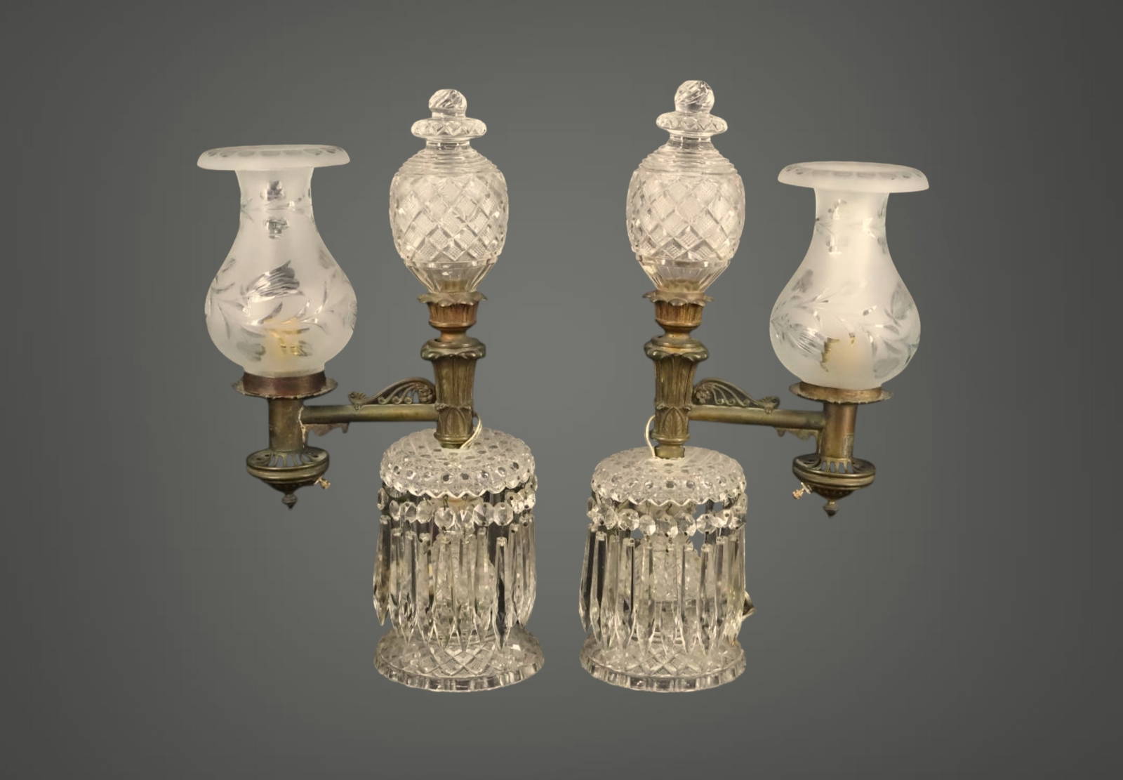 Crystal & Bronze Argand Lamps- Pair Large Auction