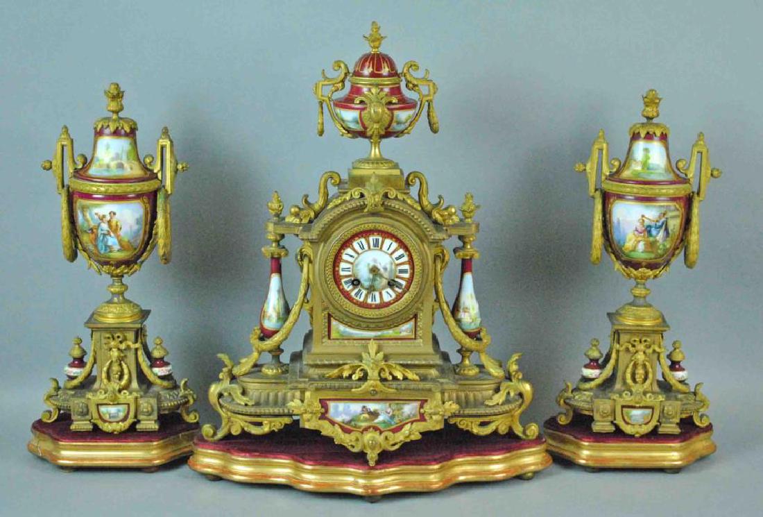 JOHN BENNETT BRONZE & PORCELAIN CLOCK GARNITURE