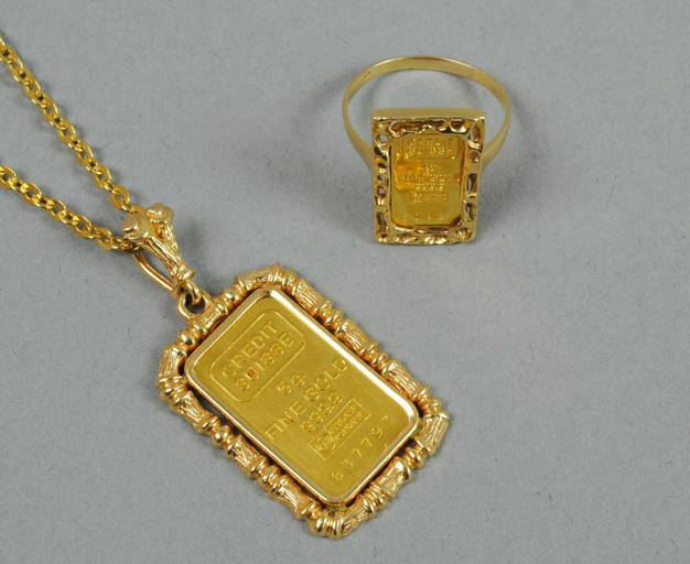 24k Gold Bar Pendant & Ring With 18k Chain