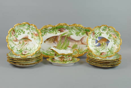 (15) Piece Hand Painted Limoges Porcelain Fish Set