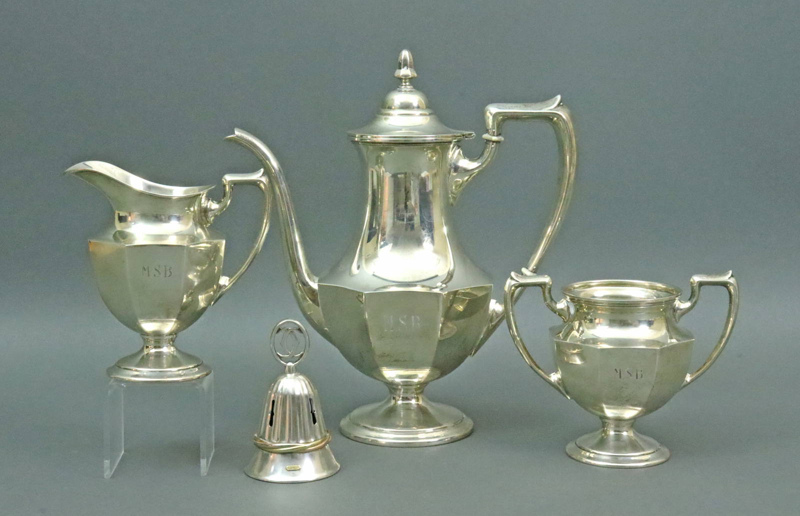 (3) Pc. Cartier Sterling Tea Set And A Dinner Bell Auction