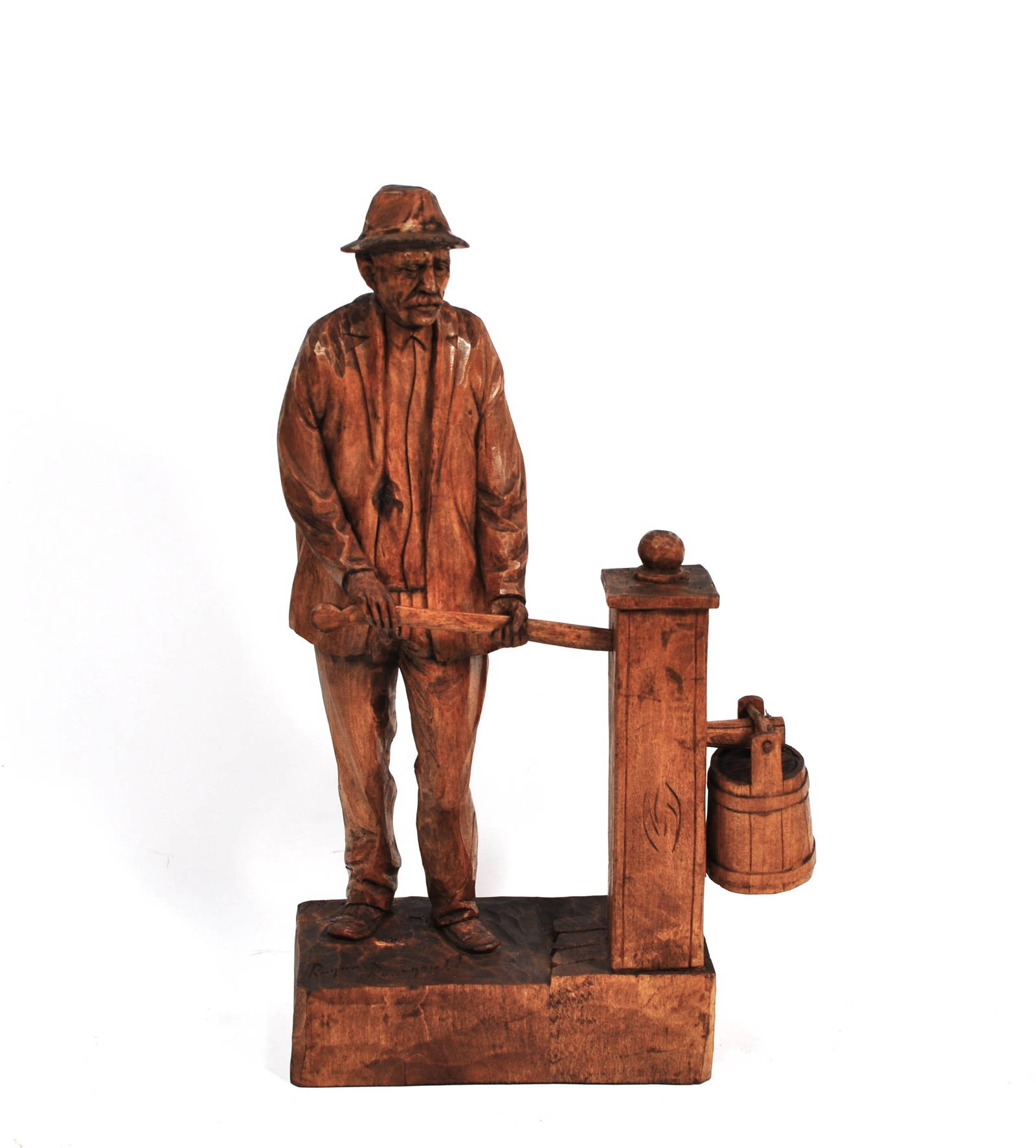 Roger Bourque Carved Folk Art Figure – Man At Water Pump With Bucket ...