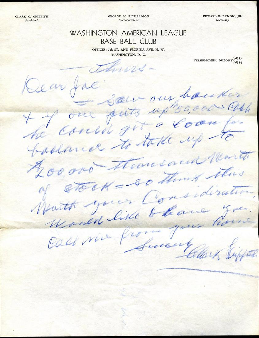 1944 Clark Griffith Handwritten Letter to Joe Cronin - Mar 03, 2020 ...