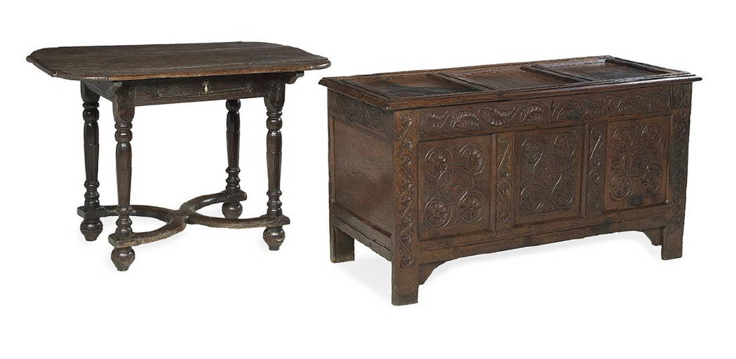 English Oak Coffer And Tavern Table