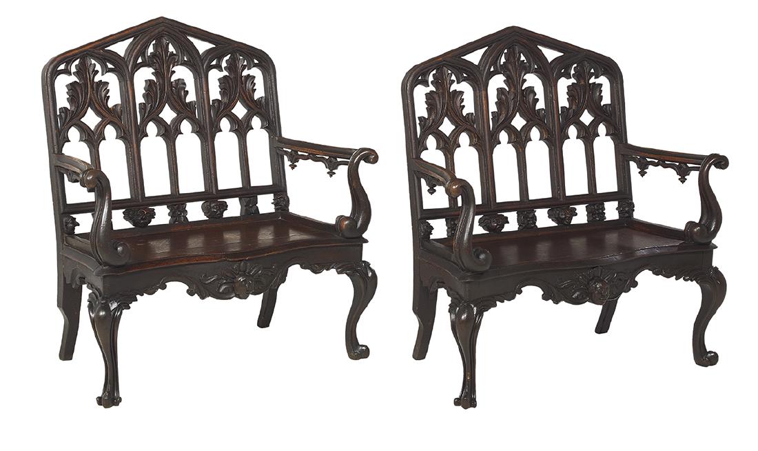 Pair of English Gothic Revival Oak Hall Benches
