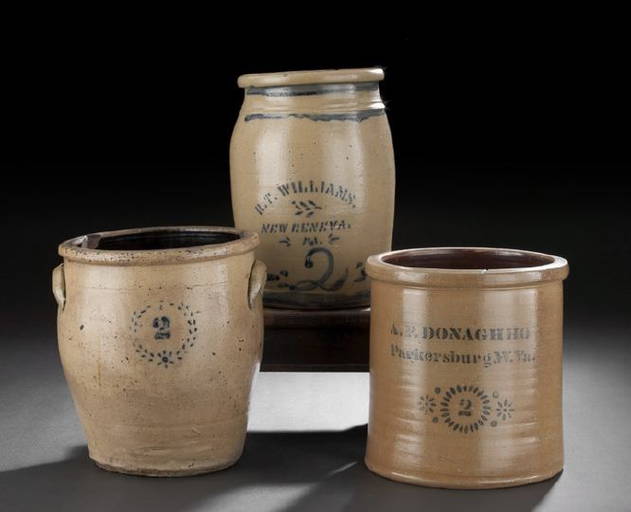 Three Salt Glazed Stenciled Storage Crocks