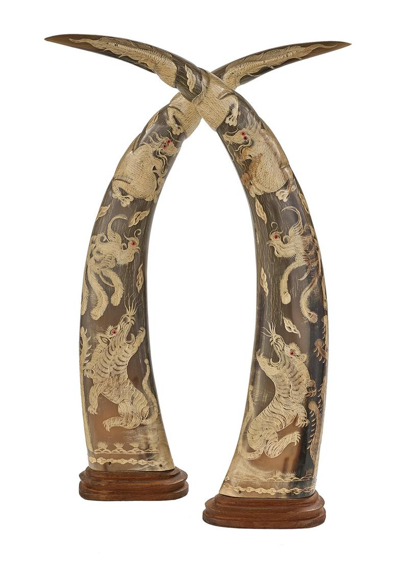 Pair Of Chinese Carved Buffalo Horns