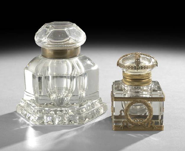 Two Cut Glass And Brass Mounted Inkwells
