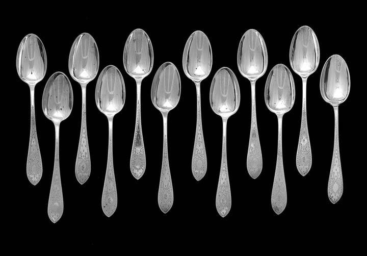 12 Whiting "colonial A, Engraved" Dessert Spoons