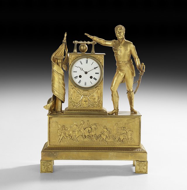 French Gilt-Bronze Military-Themed Mantel Clock