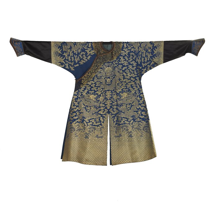 Chinese Blue Silk Ground Brocade Dragon Robe