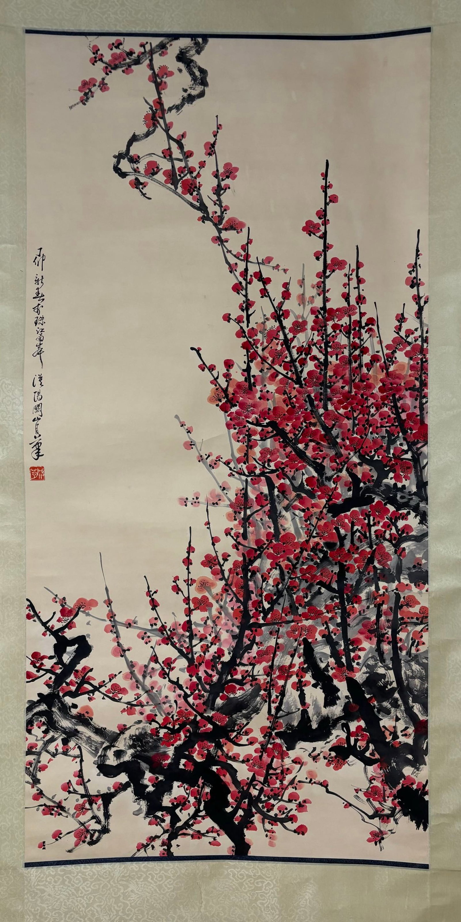 A Chinese Vertical Scroll Ink Painting Of Plum Blossom On Paper,guan ...