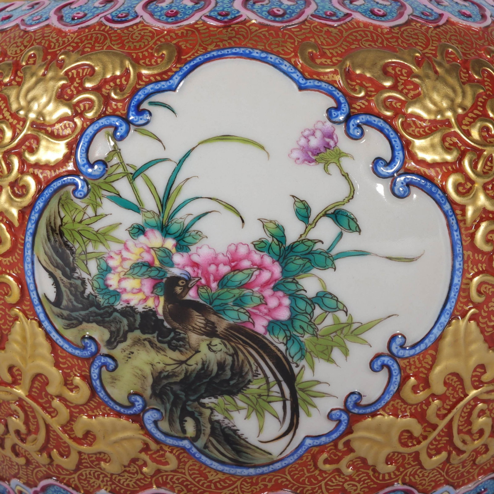 An Exquisite Enamel Iron-red Painted Gold Landscape,flower And Bird ...