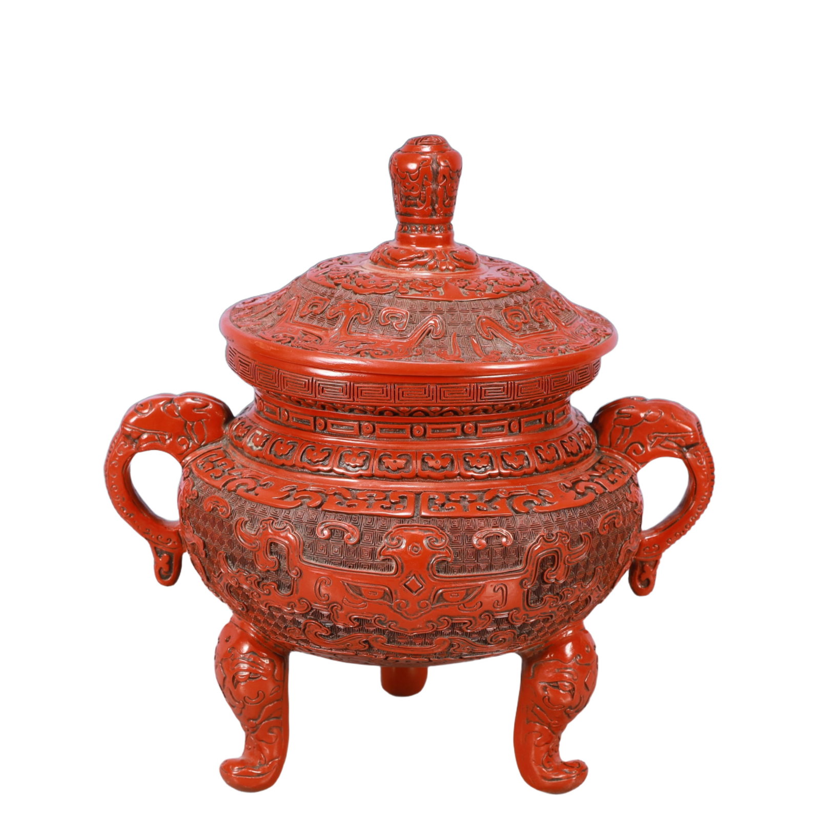 A Rare Carved Red Lacquer Beast-face Pattern Double-ears And Tripod ...