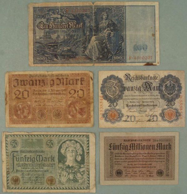 5 German Bills Inflationary Money 1908-1923