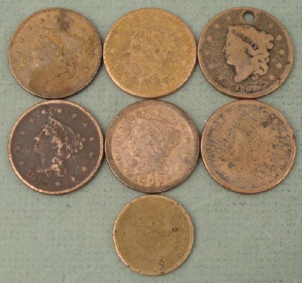 6 Large Cents + (1) Two Cent Piece 1835-1847, 1864