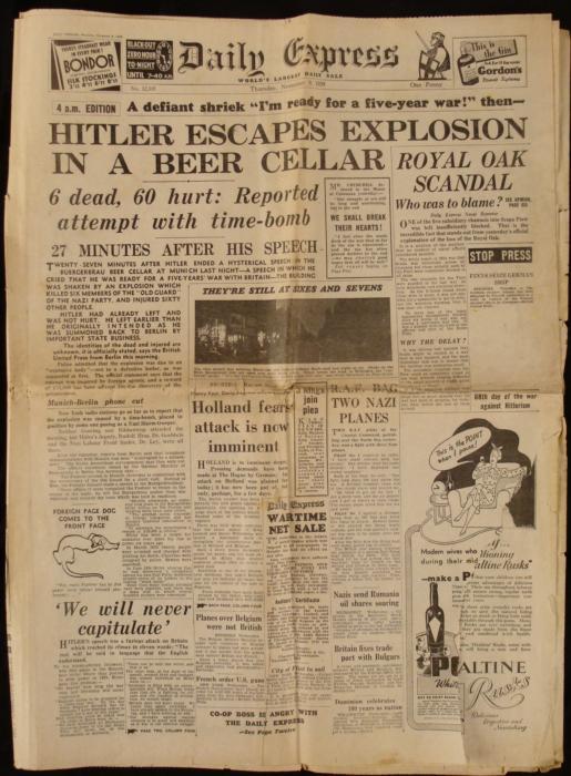 Hitler Escapes: Daily Express UK Newspaper WWII 1939