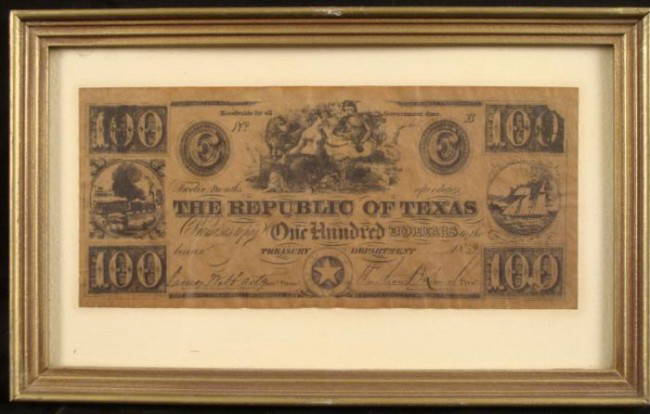 1839 $100 Republic Of Texas Bank Note Bill