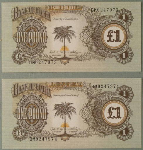 2 Consecutive Number Bank Of Biafra 1 Pound Notes Cu