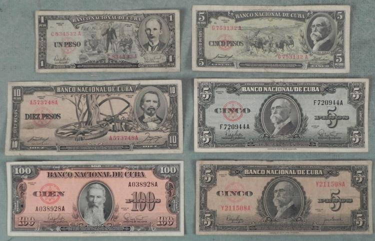 6 Diff Old Cuban Currency 1949 60 1, 5, 10, 100 Pesos
