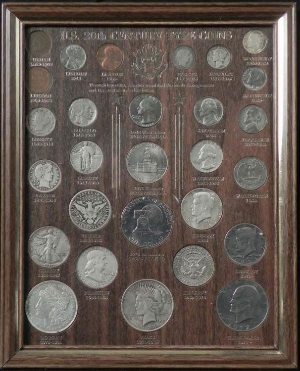 20th Century Coin Type Set 14 Silver Coins in Frame