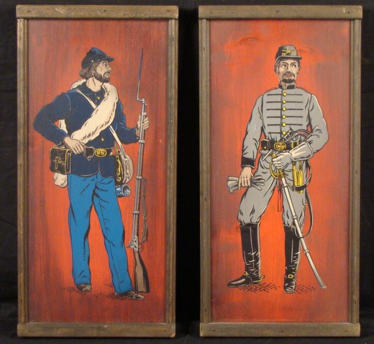 2 Vintage Civil War Paintings Union Confederate Officer