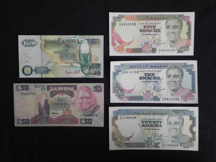 5 Pcs Paper Currency Notes Zambia Small Unc, 50 Kwacha