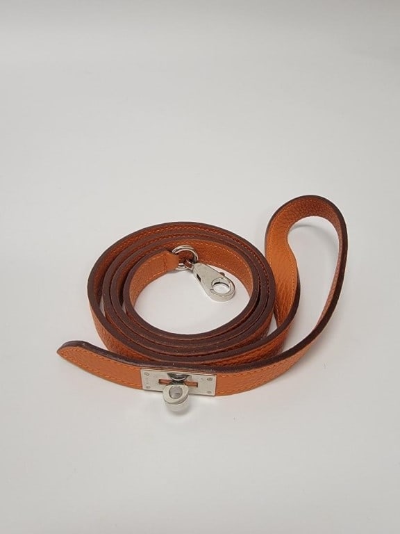 Hermes Orange Leather & Chrome Dog Leash Lead Auction