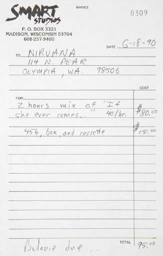 Kurt Cobain Nirvana "here She Comes" Studio Receipt
