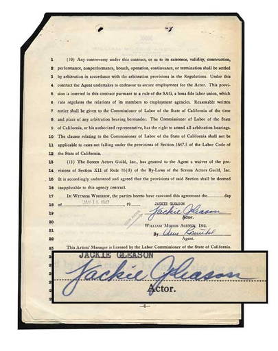 Jackie Gleason Signed Document