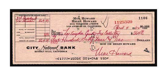Moe Howard (3 Stooges) Signed Bank Check