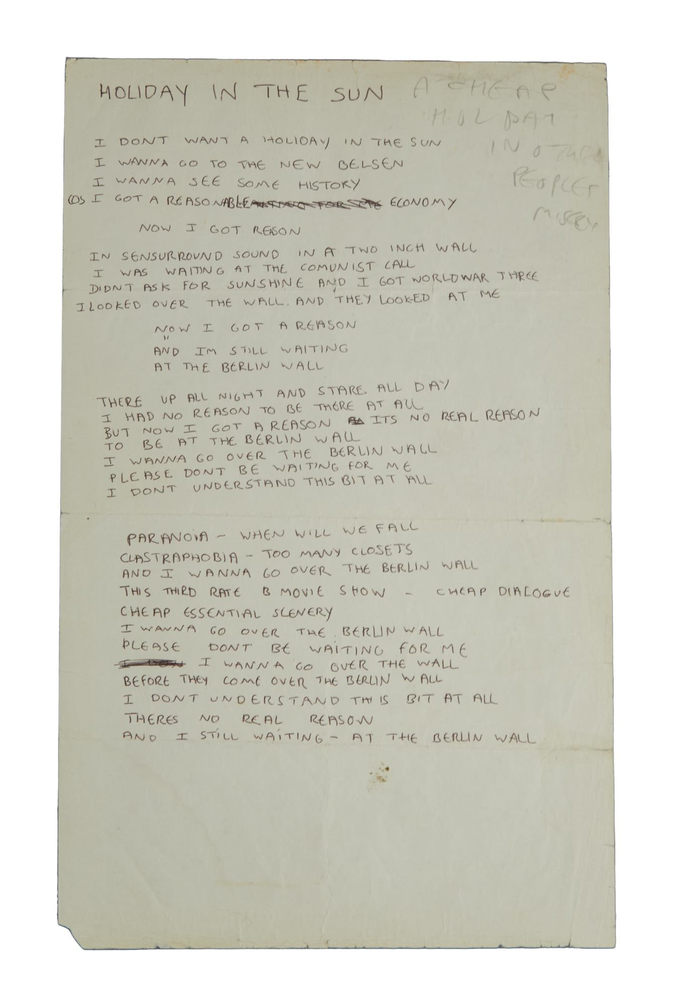 The Sex Pistols Johnny Rotten Handwritten Holidays In The Sun And Submission Lyrics From