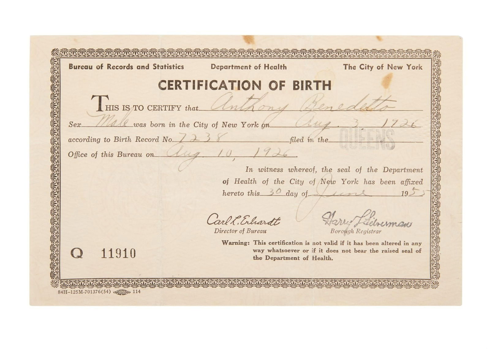 Tony Bennett | Official New York Department Of Health Birth Certificate