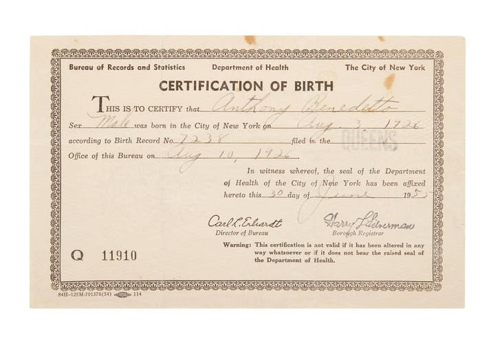 Tony Bennett | Official New York Department Of Health Birth Certificate
