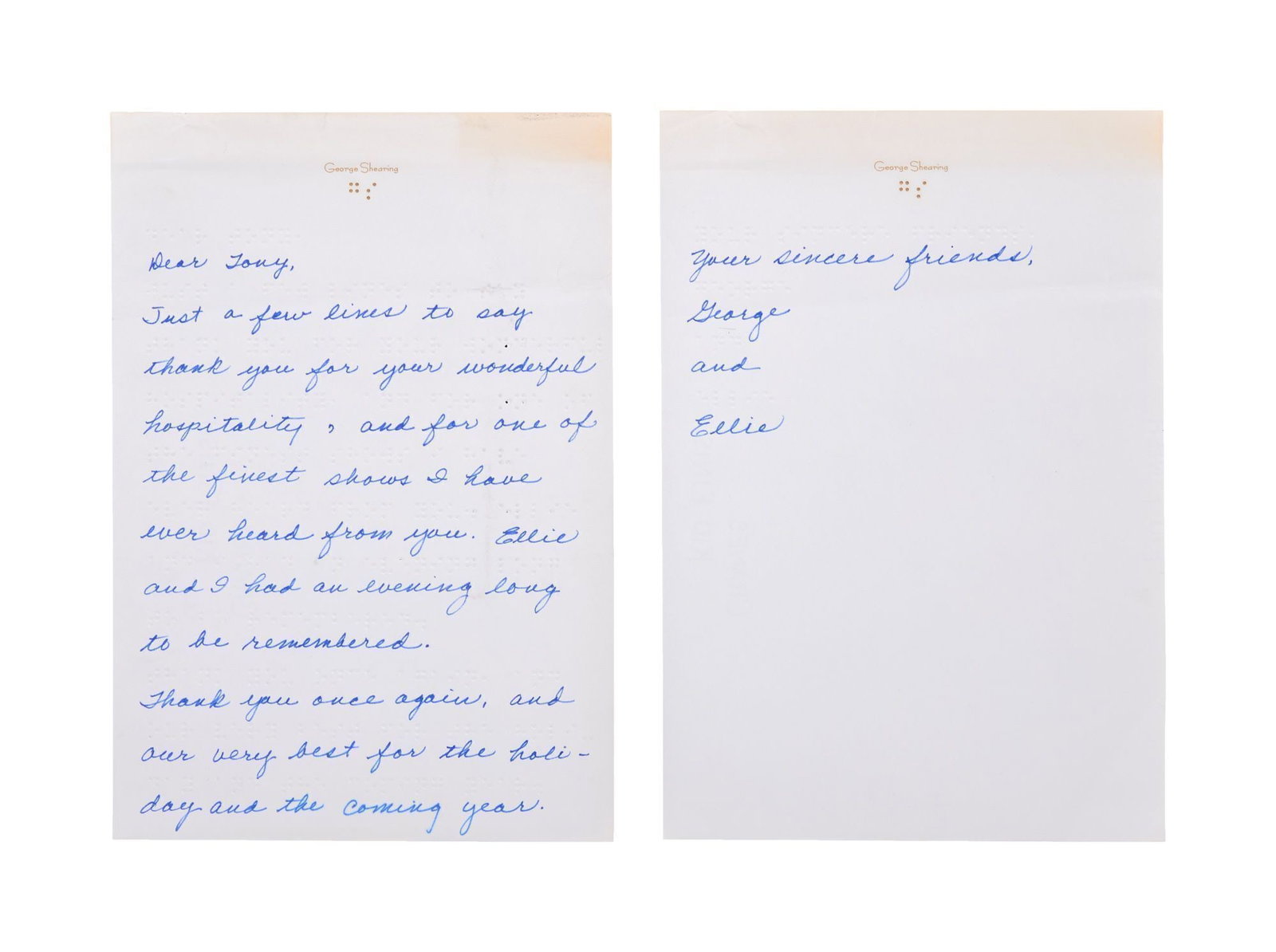 Tony Bennett | George And Ellie Shearing Handwritten Letter