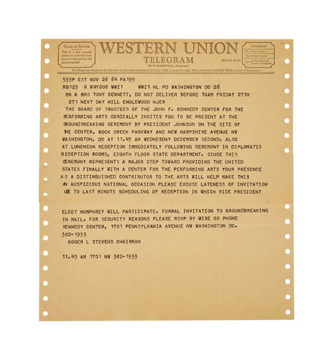 Tony Bennett | 1964 Kennedy Center Groundbreaking Invitation Telegrams
