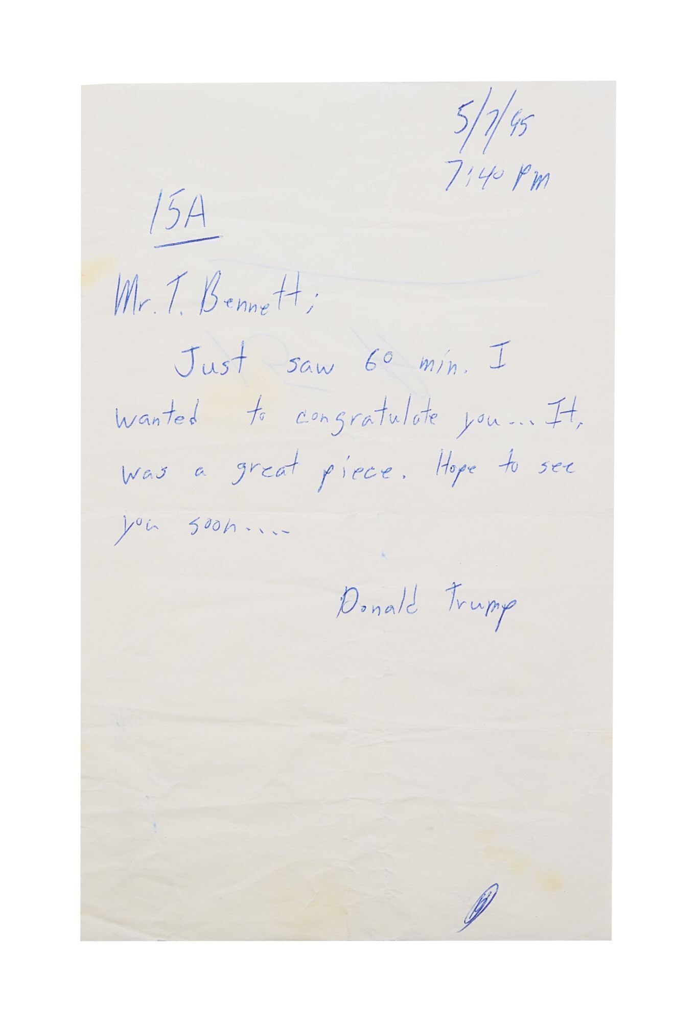 Tony Bennett | Donald Trump 1995 Handwritten Congratulations Note