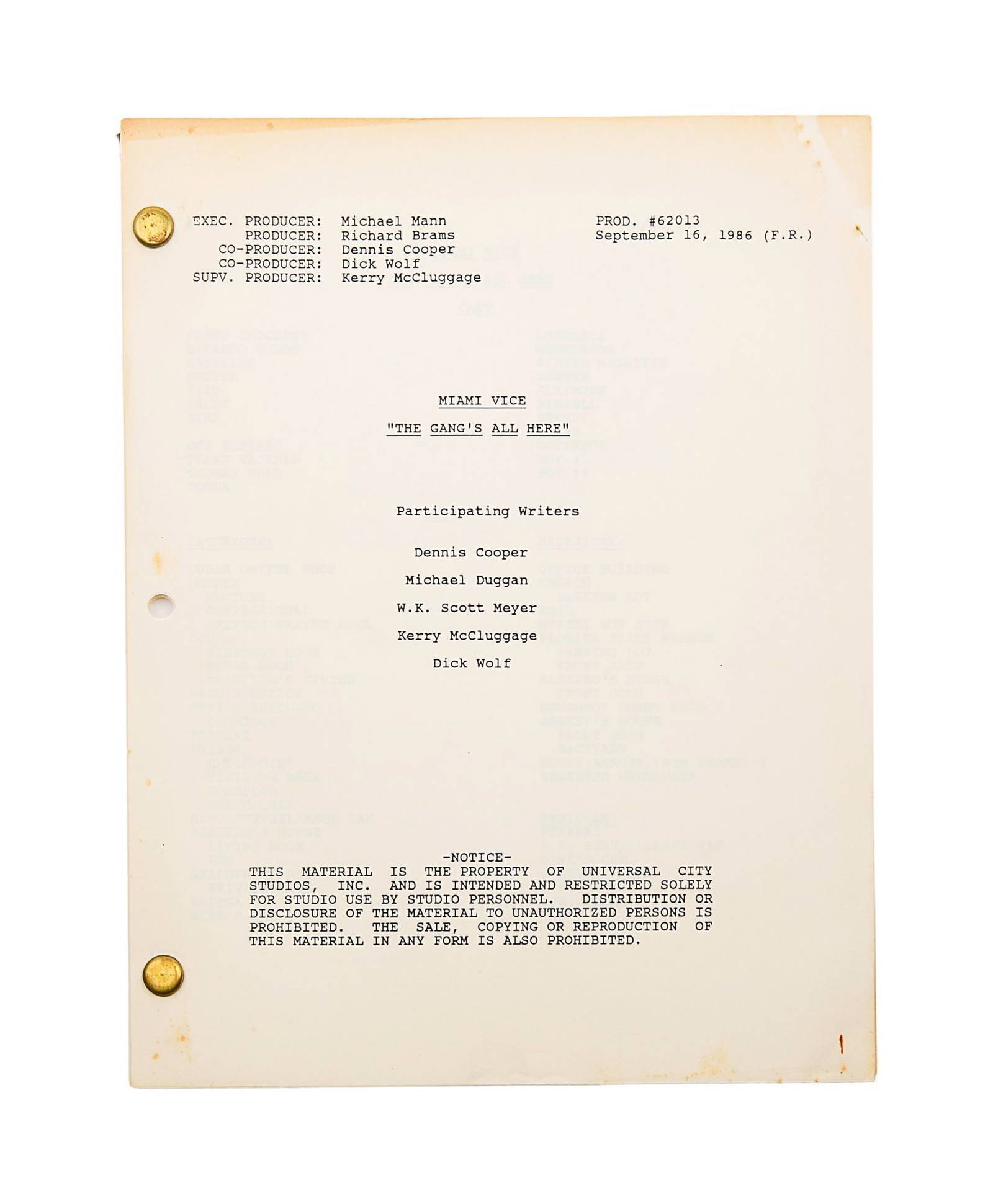 Miami Vice | "forgive Us Our Debts" First Draft Script Auction