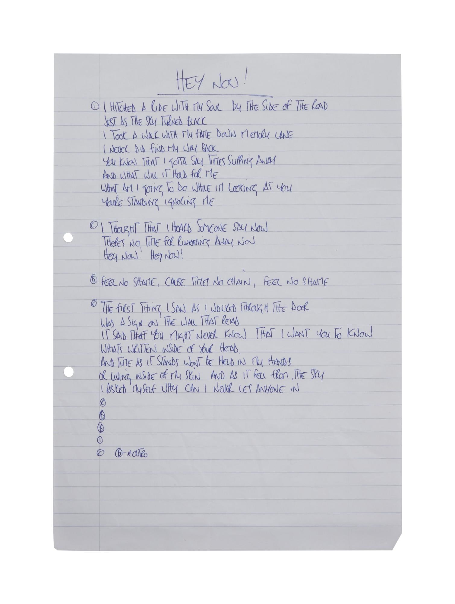 Oasis | Noel Gallagher "hey Now" Handwritten Lyrics Auction