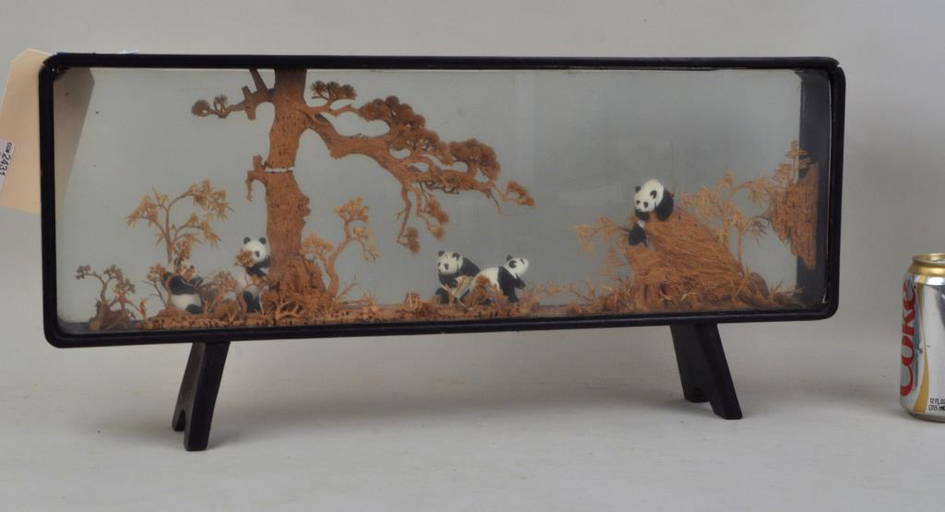Asian Carved Cork Panda Diorama On Stand