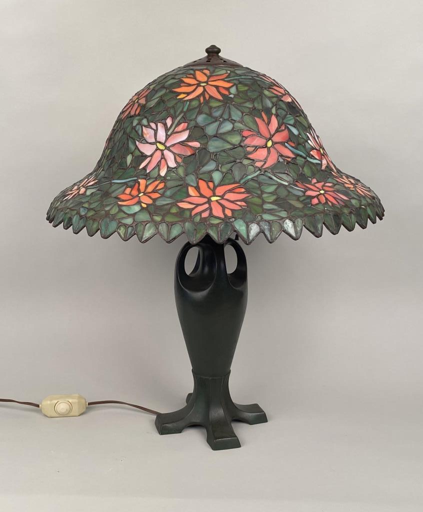 Handel Lamp/leaded Glass Shade, Four Handled Base