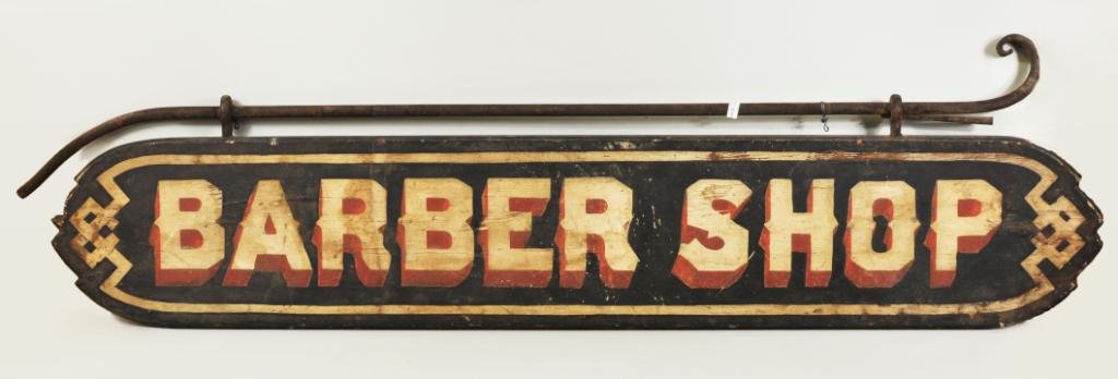Painted Wood & Wrought Iron Barbershop Sign