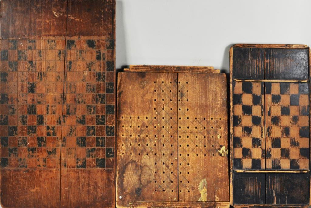 Three Primitive Carved/Painted Wooden Game Boards