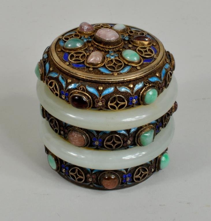 Chinese Silver Gilt Enamel/Jade Mounted Box