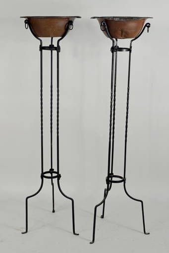 Pair Modernist Wrought Iron Stands, Copper Pans