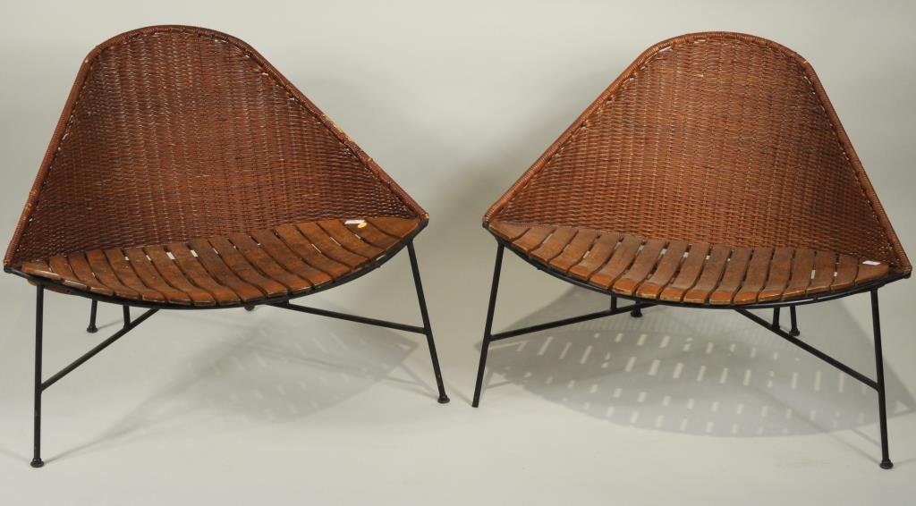 Pair Mid Century Modern Wicker Easy Chairs